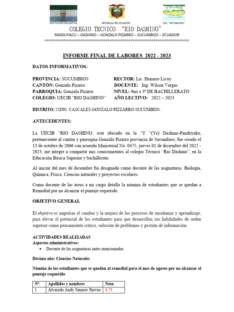 Informe de Labores Unidad Educativa | PDF | Maestros | Aprendizaje