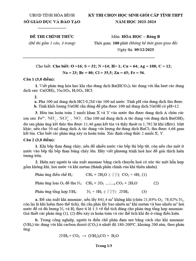 2023-2024 HSG 12 Hòa Bình Bảng B - File Đề | PDF