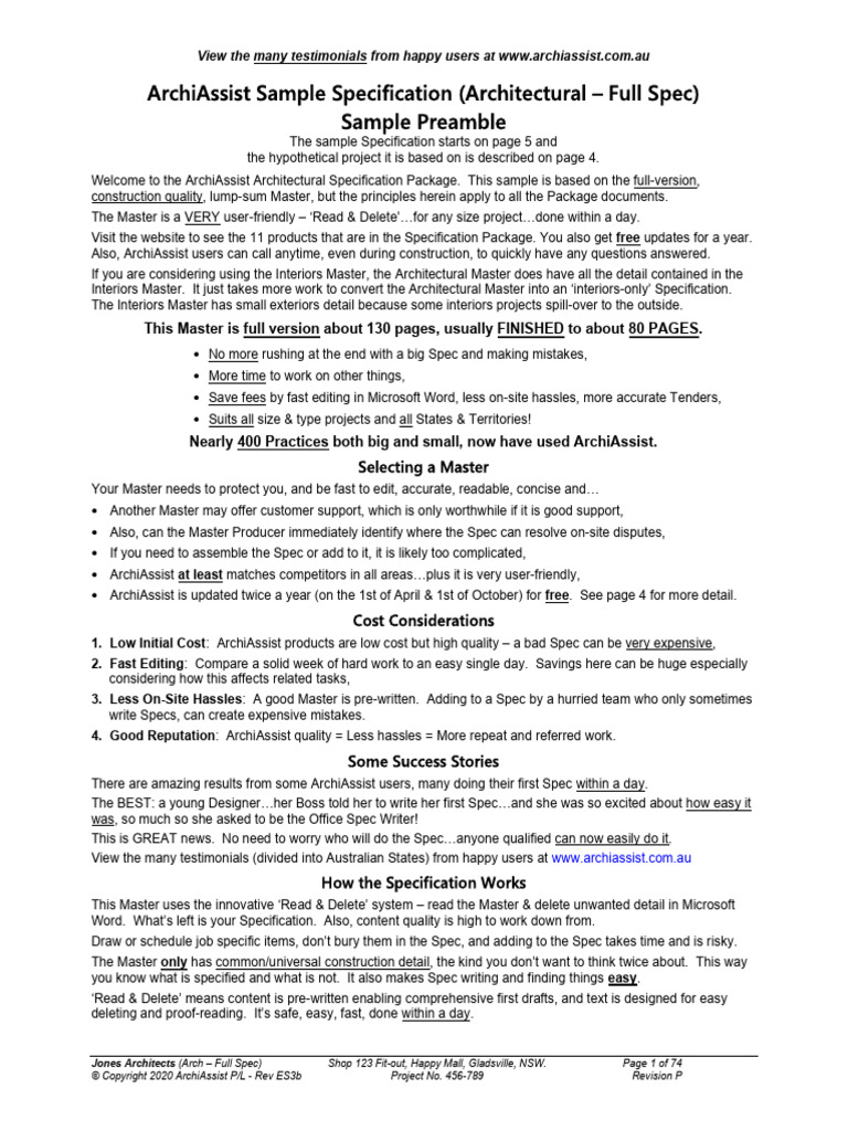 ArchiAssist Arch Full Sample Spec ES3b | PDF | Specification (Technical ...