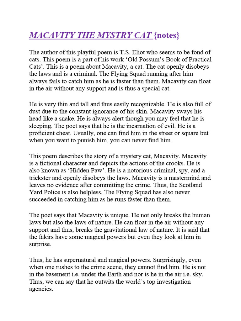 Macavity: The Mystery Cat Analysis | PDF