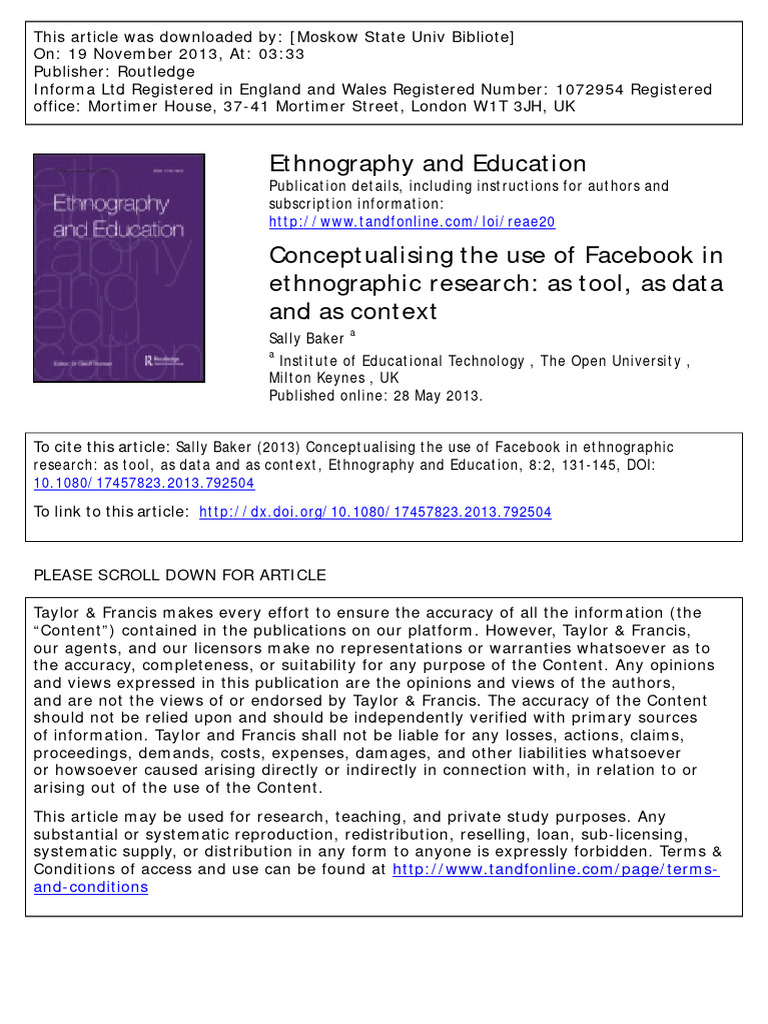 Ethnography and Education: To Cite This Article: Sally Baker (2013) Conceptualising The Use of ...