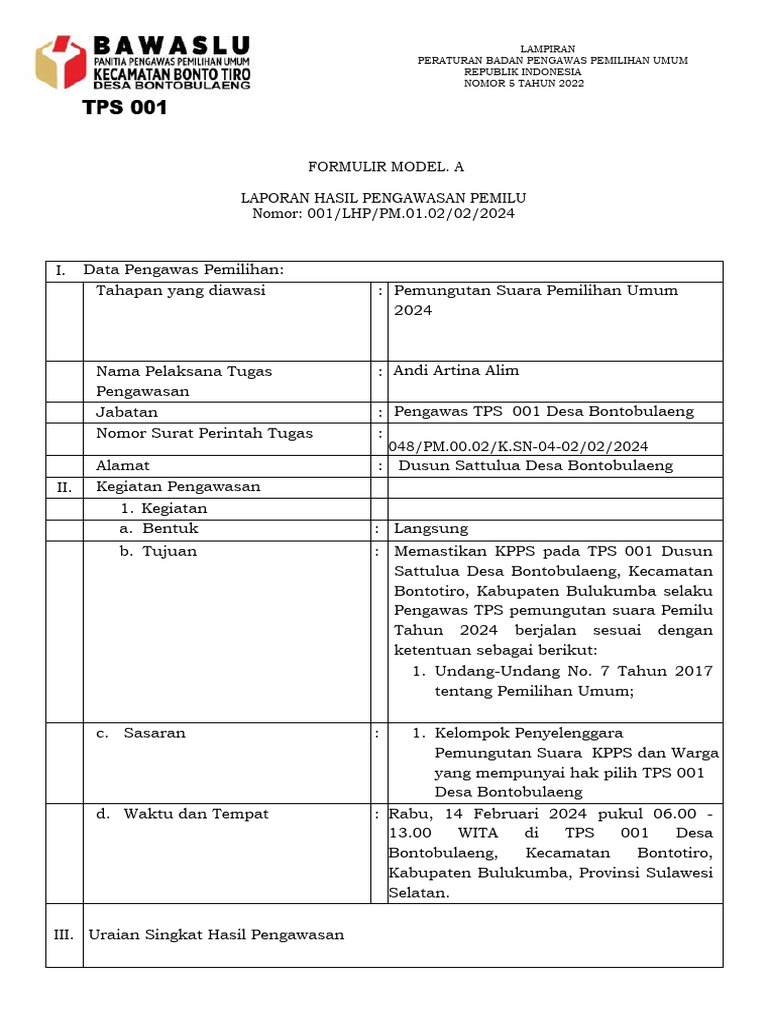 Pengumuman 240702080240 Contoh Form A Hasil Pengawasan Bagi Pengawas ...