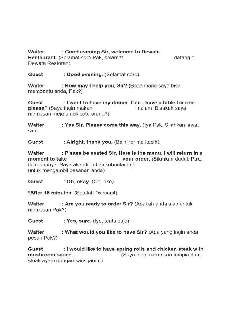 Restaurant Dialogue Examples | PDF | Waiting Staff | Gastronomy