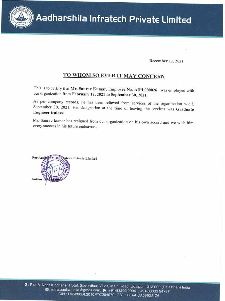 Aadharshila Experience Letter | PDF