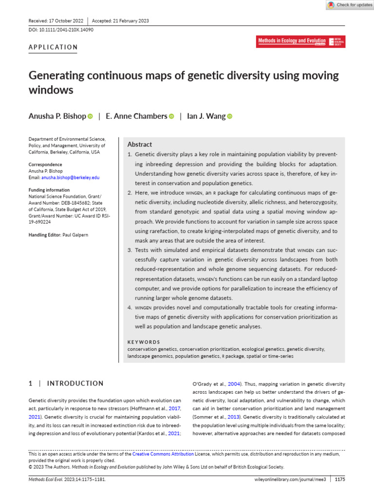 Methods Ecol Evol - 2023 - Bishop - Generating Continuous Maps of Genetic Diversity Using Moving ...