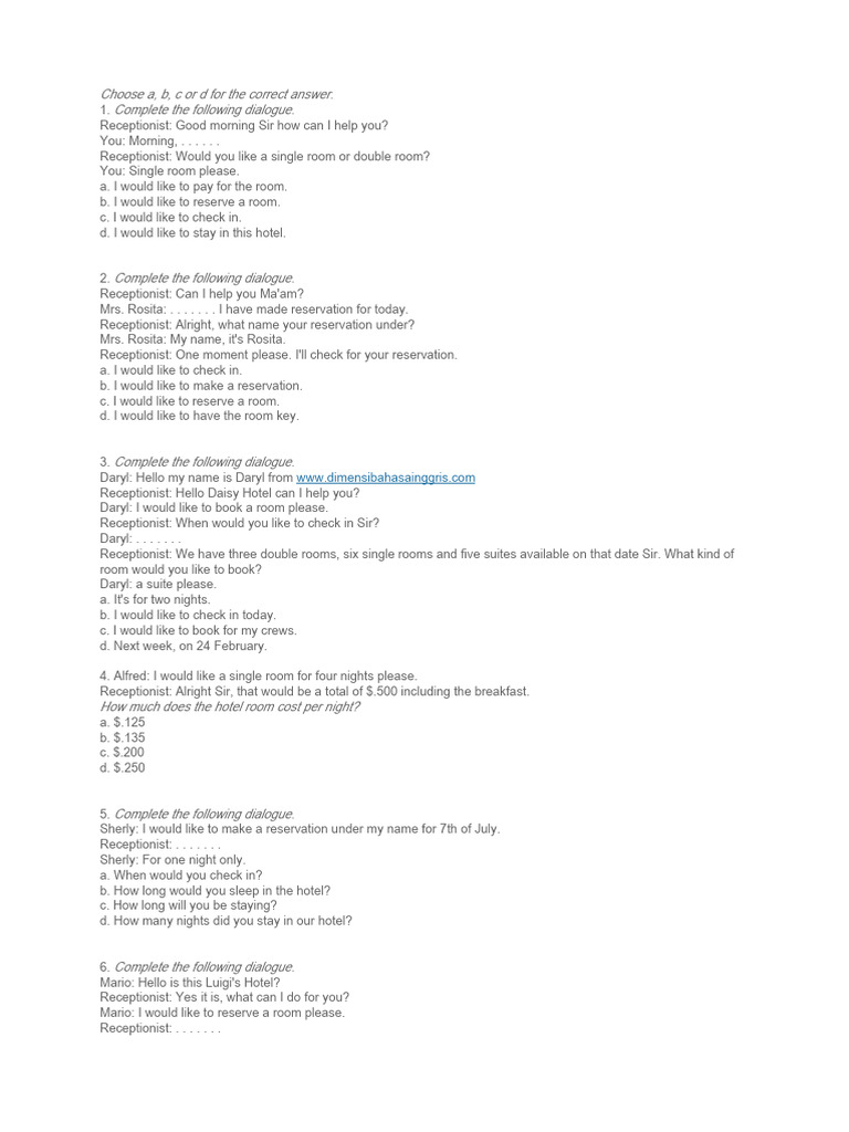 Latihan Soal Reservation and Making Appointment Xi Peminatan | PDF