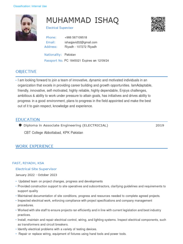 M Ishaq Electrical Supervisor | PDF | Electrical Wiring | Electrical Substation