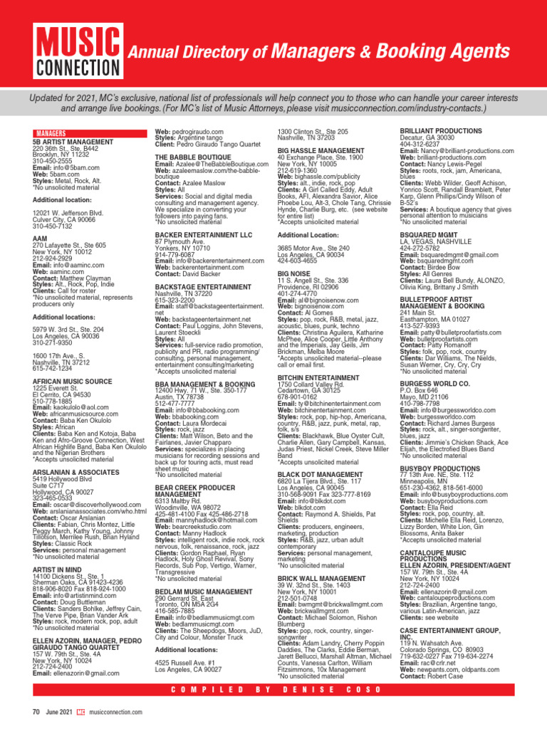 Annual Directory of Music Managers & Agents | PDF | Rock Music | Musicians