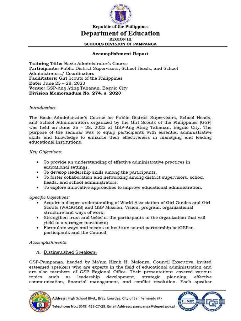 GSP Basic Administrator’s Course Report | PDF | Leadership | Cognition