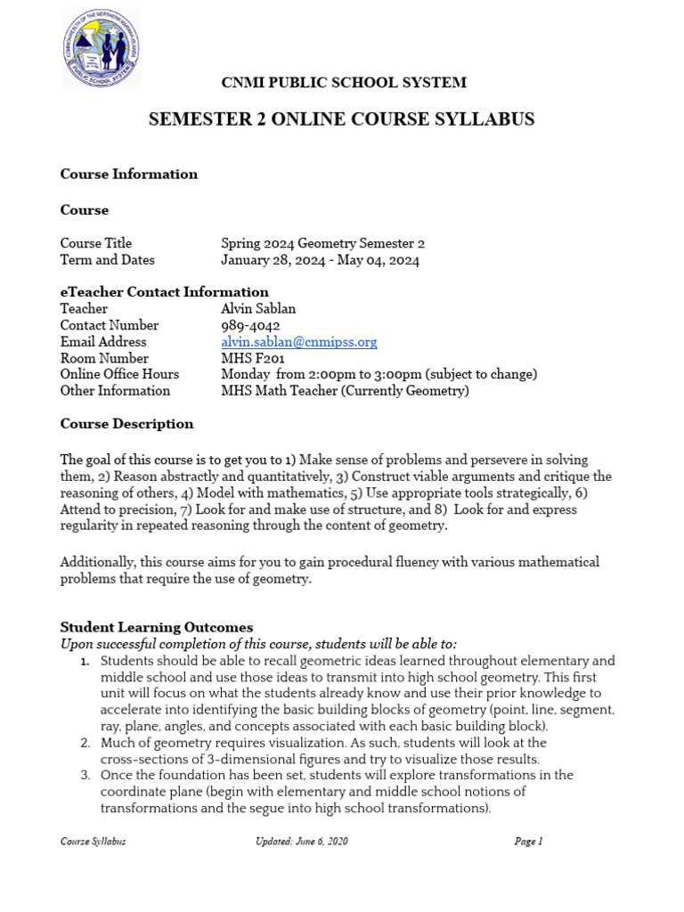 CNMI PSS High School Geometry Sem 2 Syllabus Sablan Spring 2024 | PDF ...