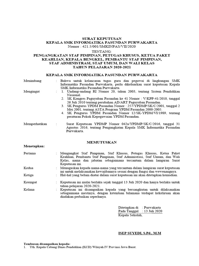 SK Pembagian Tugas Guru Dan Pegawai 2020-2021 | PDF