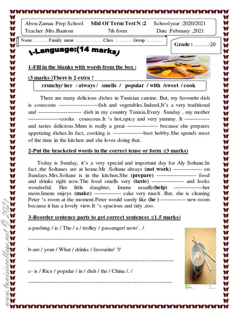 Devoir de Contrôle N°2 - Anglais - 7ème (2020-2021) Mme Sarah Baatour | PDF | Eating Behaviors ...