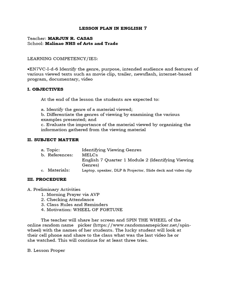 Grade 7 - Lesson Plan 5 | PDF | Genre | Teachers