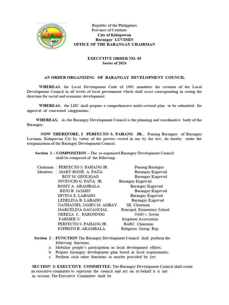 5 Order Organizing Barangayn Development Plan | PDF | Governance | Justice