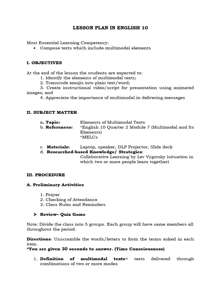 Eng 10 - Lesson Plan 3 | PDF | Human Communication | Cognitive Science