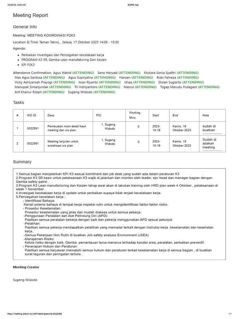 MOM P2K3 KPI K3, Gemba 5R 17 Oktober GSPE App | PDF