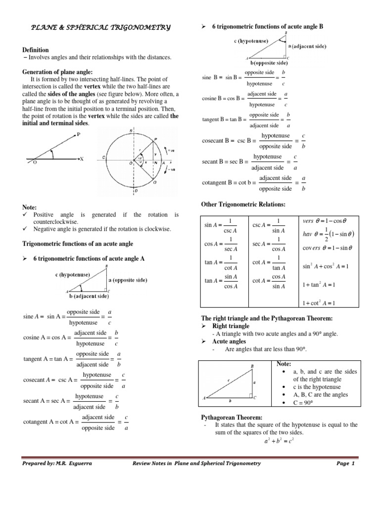 Review Material in Plane & Spherical Trigonometry | PDF | Trigonometric Functions | Trigonometry