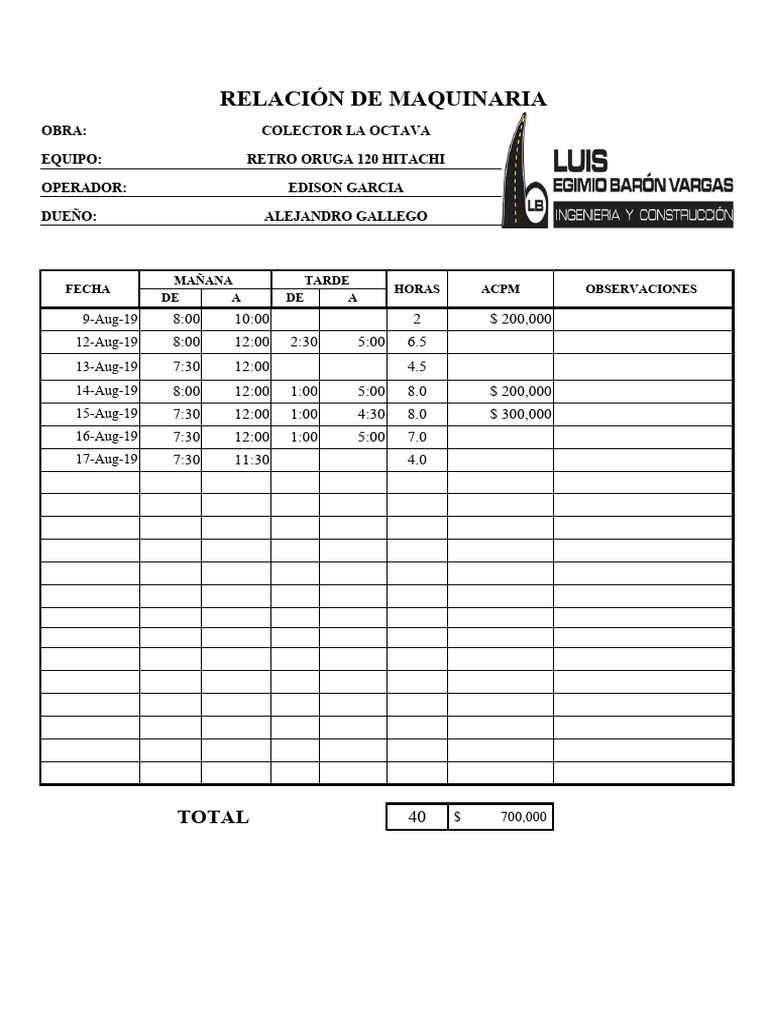 FORMATOS DE MAQUINARIA | PDF