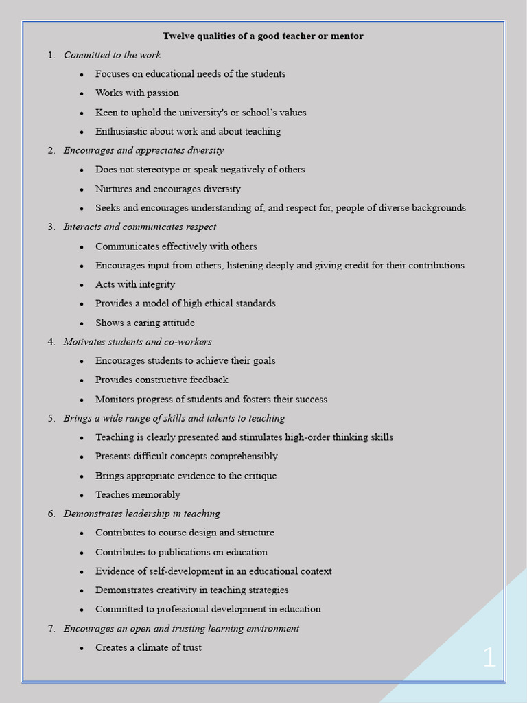 Qualities Good Teacher | PDF | Learning | Psychological Concepts Qualities Good Teacher | PDF | Learning | Psychological Concepts