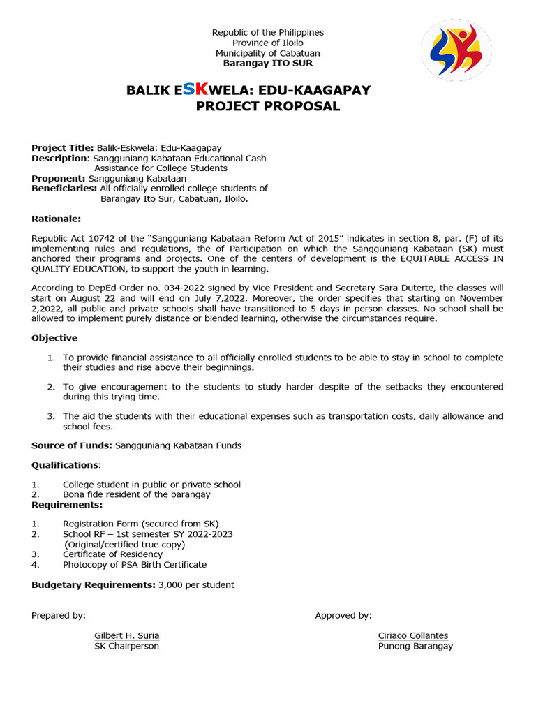 PROJECT PROPOSAL Balik Eskwela EduKaagapay | PDF | Government