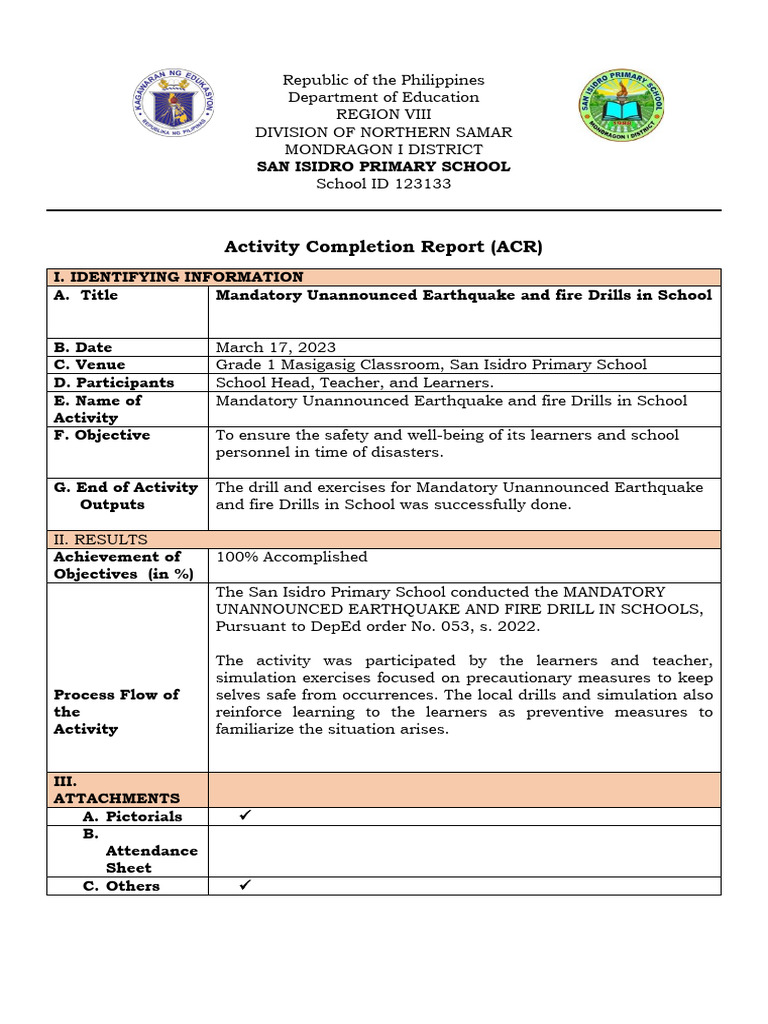 Earthquake Drill Accomplishment Report | PDF