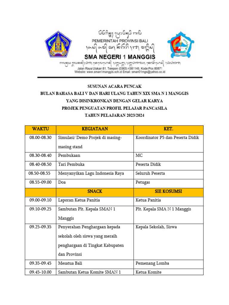 Rancangan Acara Puncak Hut GSMN 19 | PDF