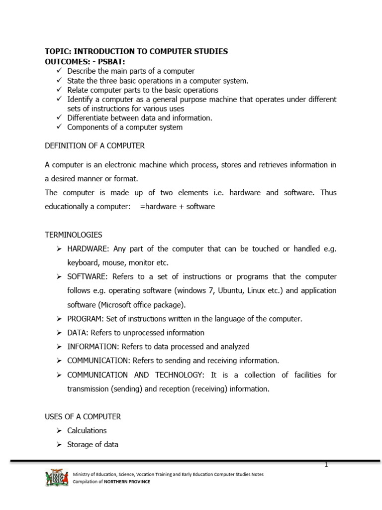 Grade 8 Computer Studies Notes | PDF | Computer Data Storage | Input/Output