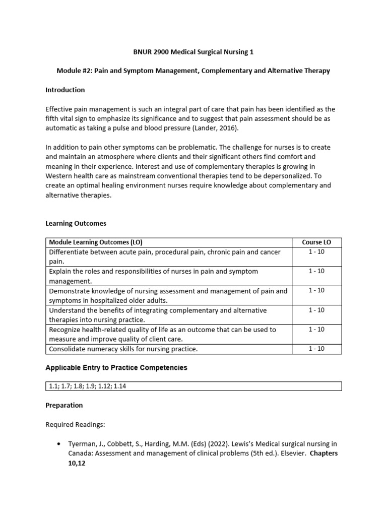 Learning Module 2 BNUR2900 F2022 | PDF | Nursing | Pain