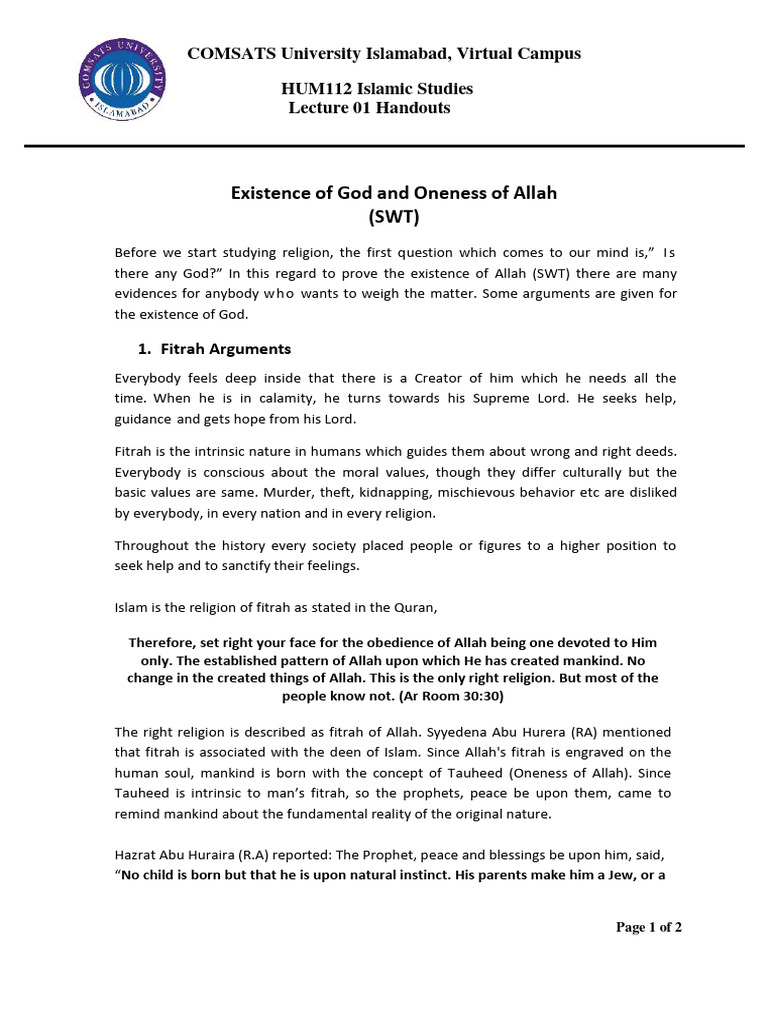 HUM112 Handouts Lecture01 | PDF | Tawhid | God HUM112 Handouts Lecture01 | PDF | Tawhid | God