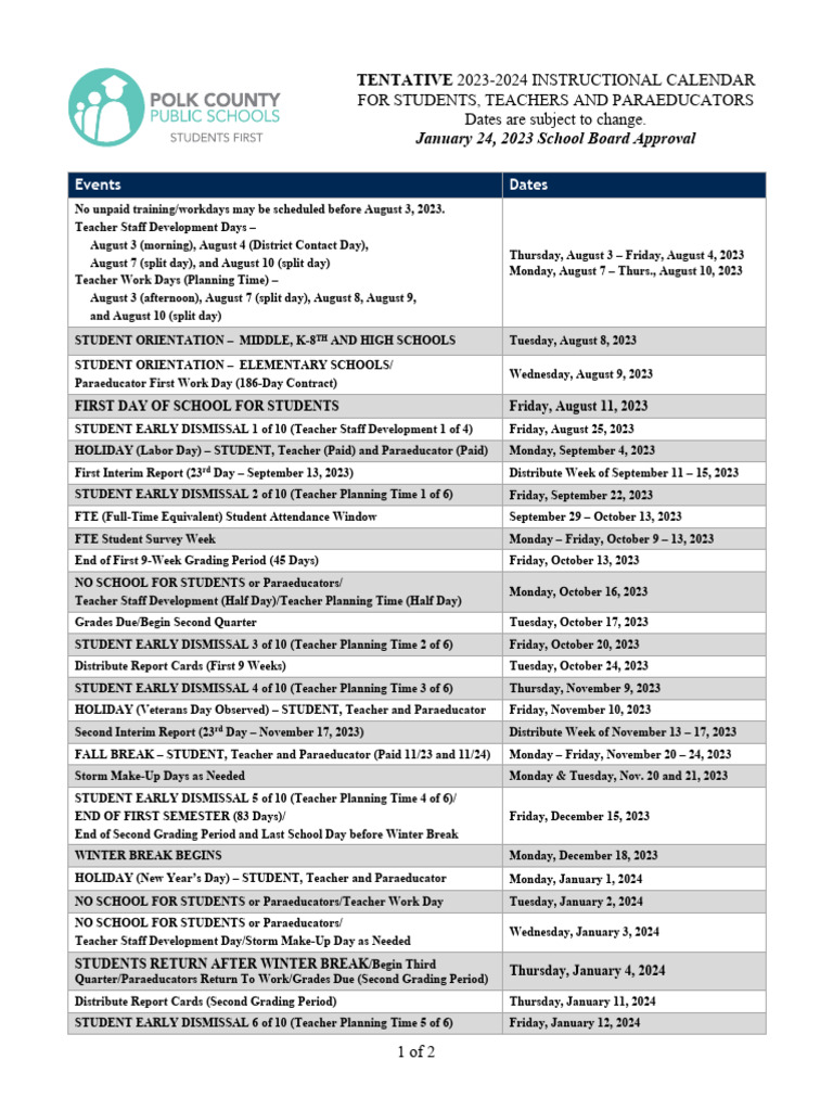 Tentative 2023-2024 School Calendar 230124ada | PDF | Academic Term