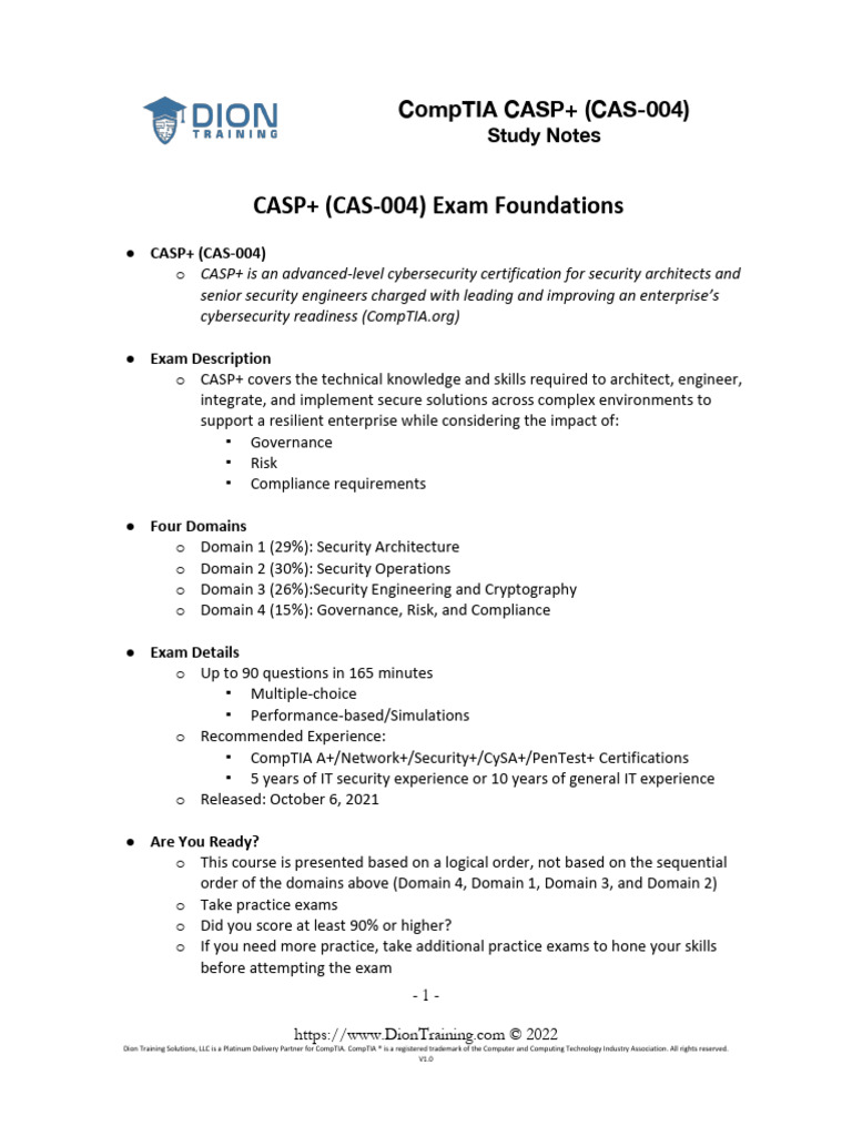 CompTIA CASP (CAS-004) Study Notes | Download Free PDF | Risk | Risk ...