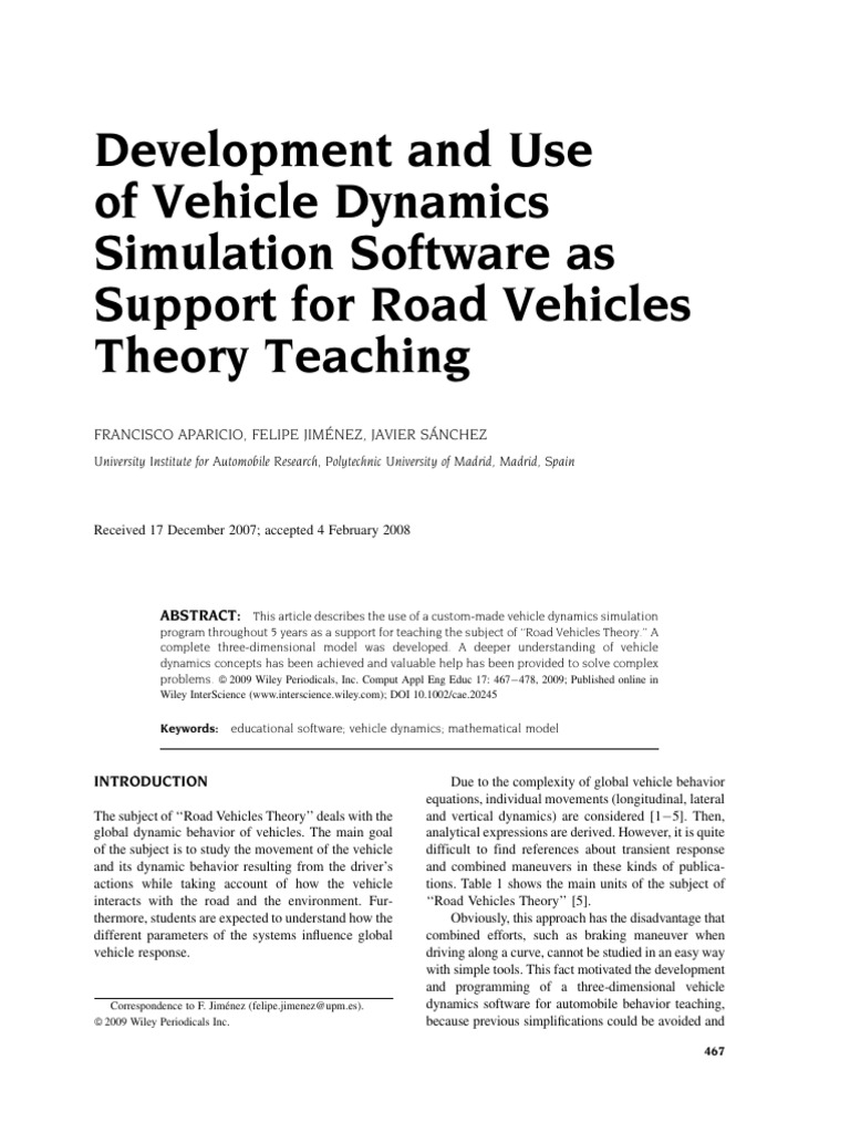 Development and Use of Vehicle Dynamics Simulation Software As Support ...
