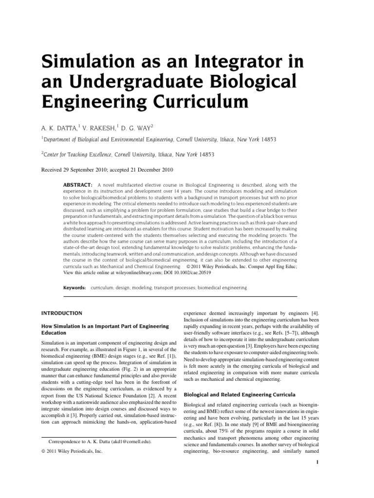 Simulation As An Integrator in An Undergraduate Biological Engineering Curriculum | PDF ...