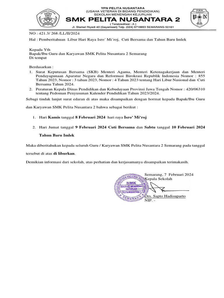 Pemberitahuan Libur Hari Raya Isro' Mi'roj Dan Imlek | PDF