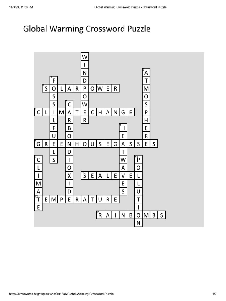 Global Warming Crossword Puzzle - Crossword Puzzle Answer | PDF