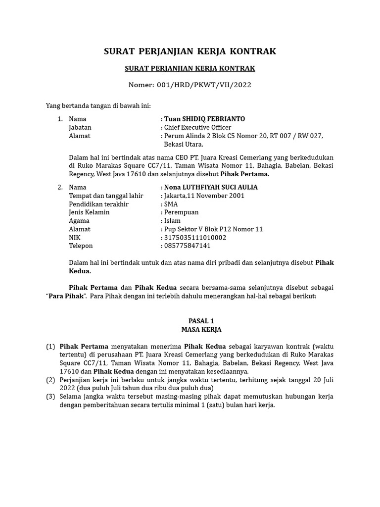 Surat Perjanjian Kerja Kontrak (SPKWT) | PDF