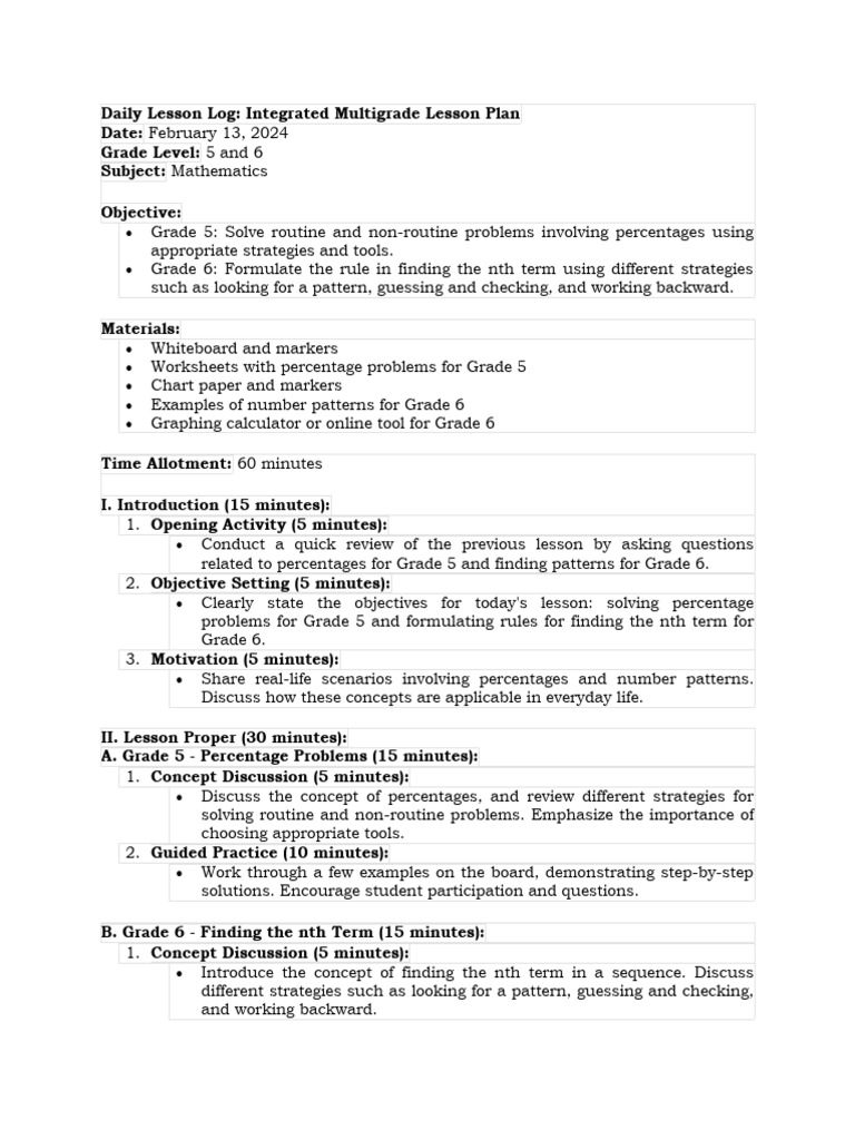 Integrative Multigrade Lesson Plan | PDF | Mathematics | Equations