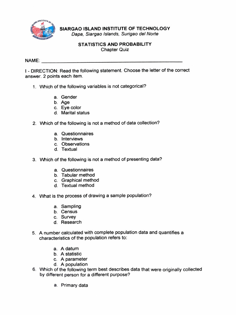 Chapter Quiz | PDF | Sampling (Statistics) | Statistics