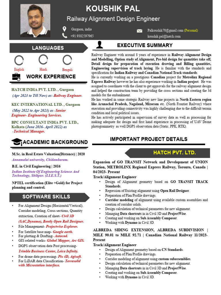 Railway Alignment Design Engineer Profile | PDF | Engineering