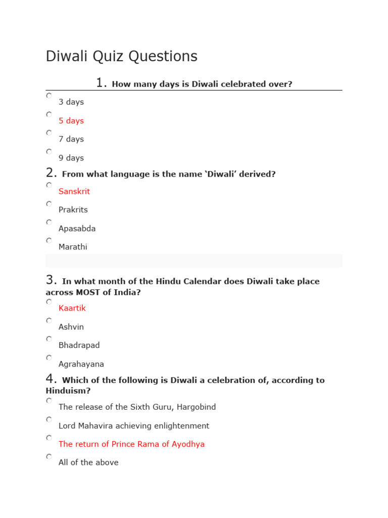 Diwali Quiz Questions | PDF | Hindu Worship | Indian Religions