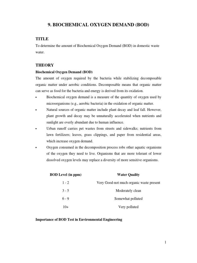 Biochemical Oxygen Demand (Bod) : Title | PDF | Wastewater | Organic Matter