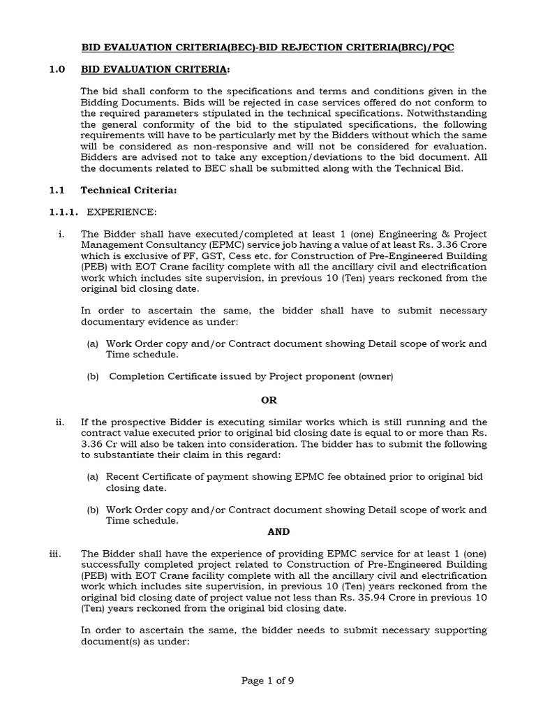Bid Evaluation Criteria (Bec) - Bid Rejection Criteria (BRC) /PQC 1.0 Bid Evaluation Criteria ...