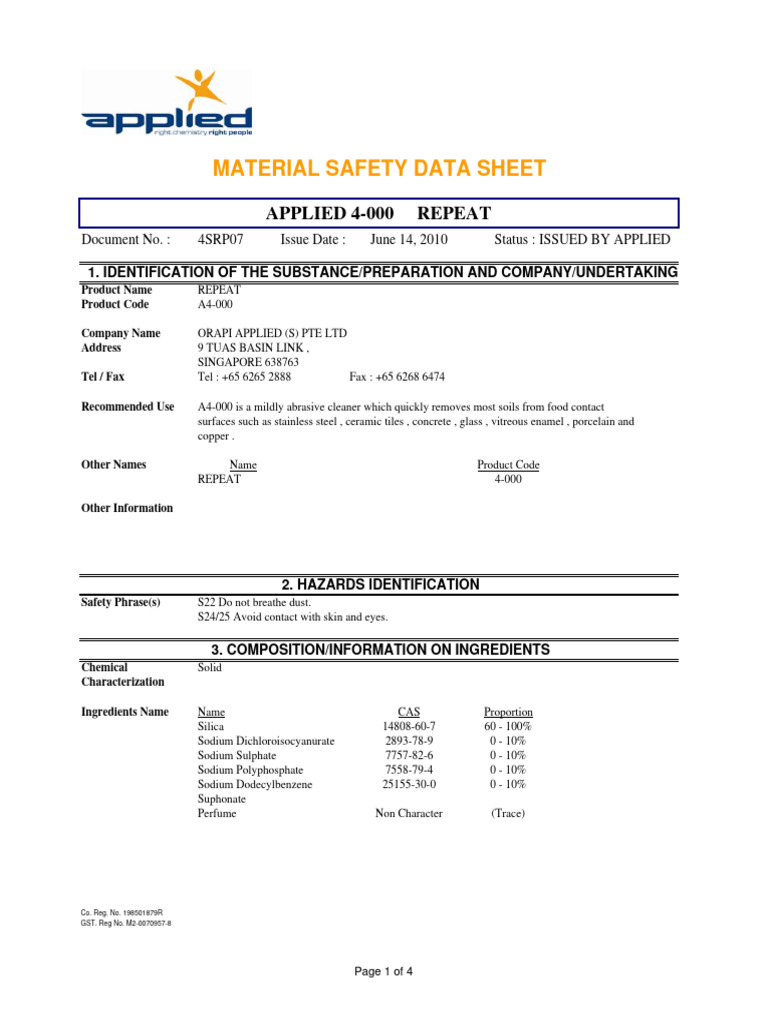 MSDS Aplied 4000 | Download Free PDF | Chemistry | Working Conditions