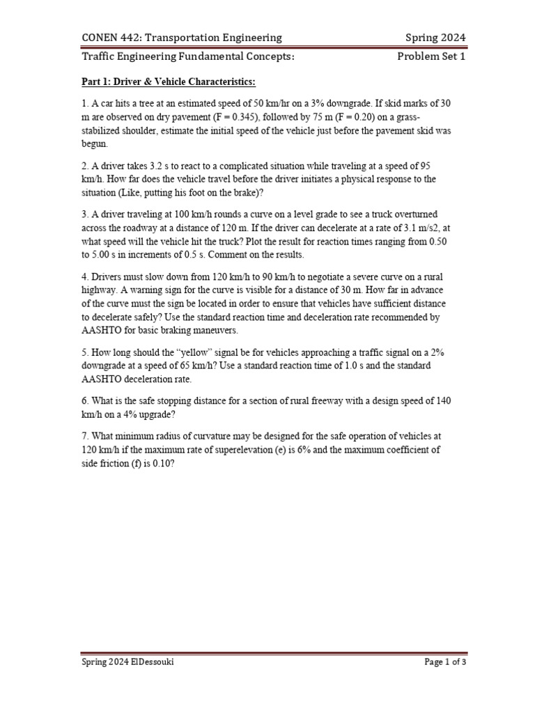 Problem CONEN 442 Set1 S2024 | PDF | Lane | Traffic