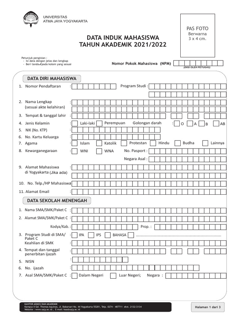 Formulir Data Induk 2021-2022 | PDF