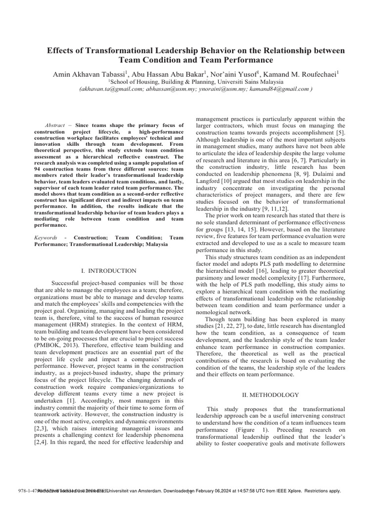 Effects of Transformational Leadership Behavior On The Relationship Between Team Condition and ...