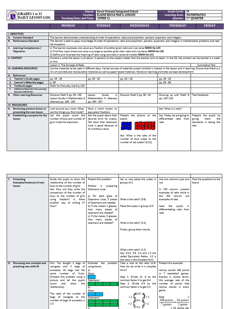 DLL - Math 6 - Q2 - W1 | PDF | Ratio | Learning