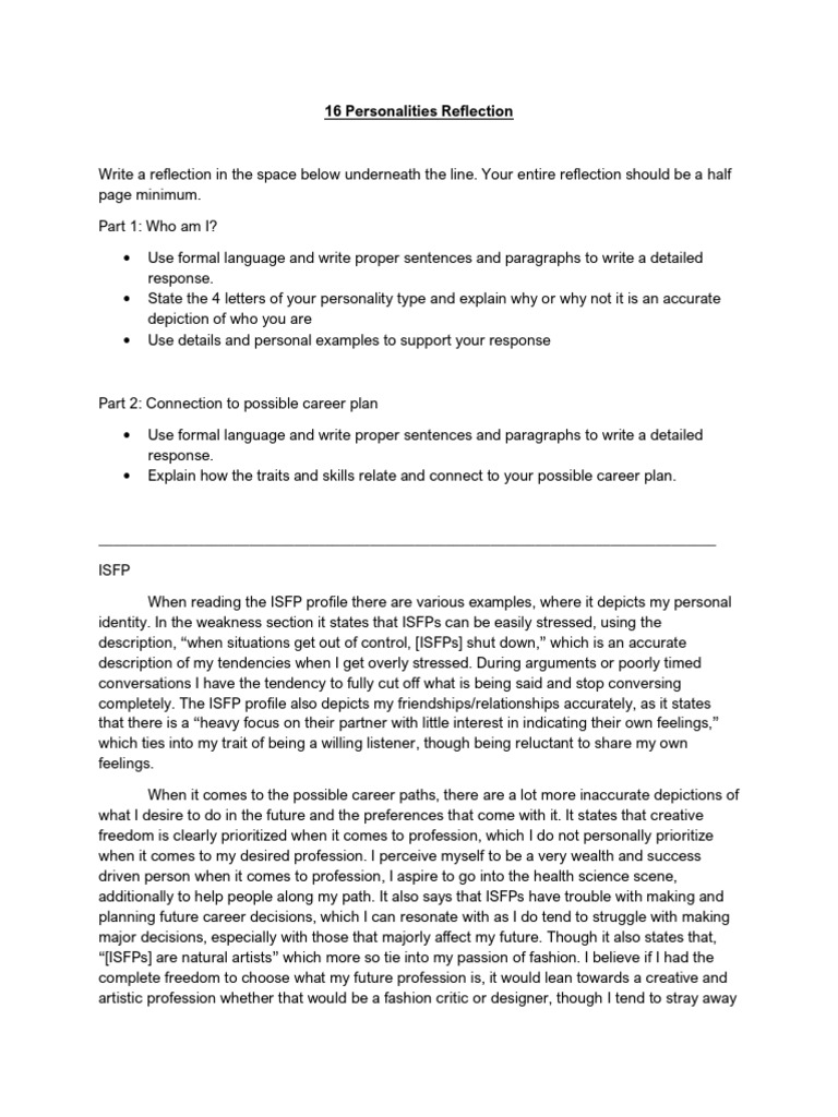 16 Personalities Reflection | PDF | Human Communication | Behavioural Sciences
