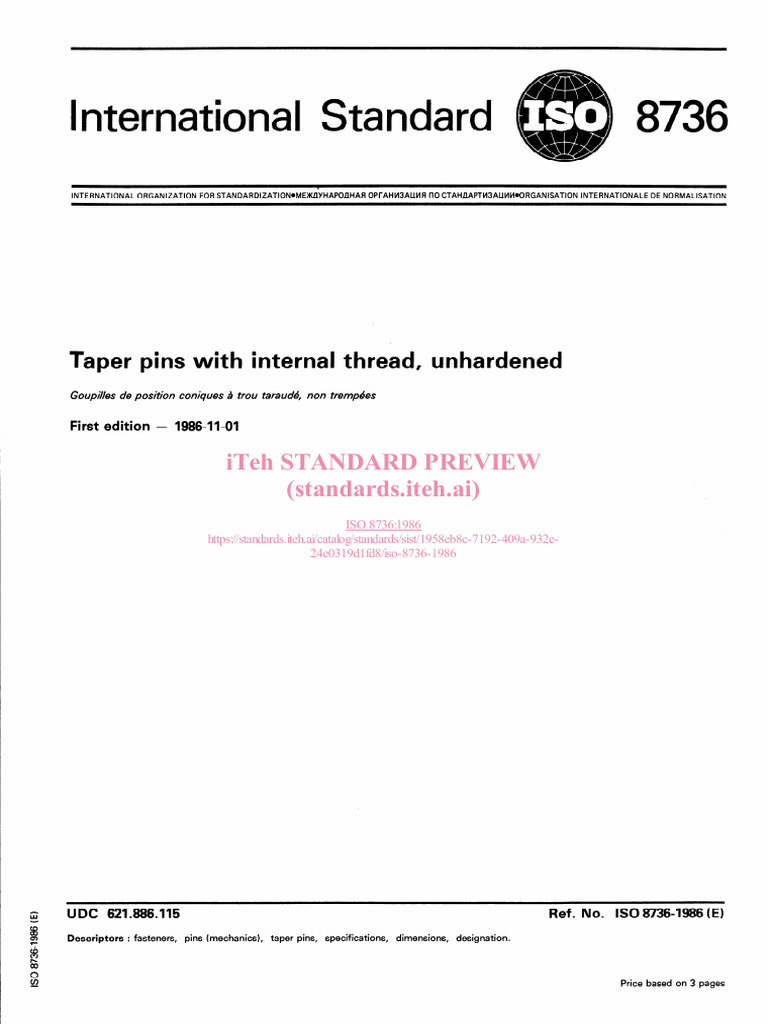 Taper Pin With Internal Thread ISO 8736 - 1986 | PDF | International ...