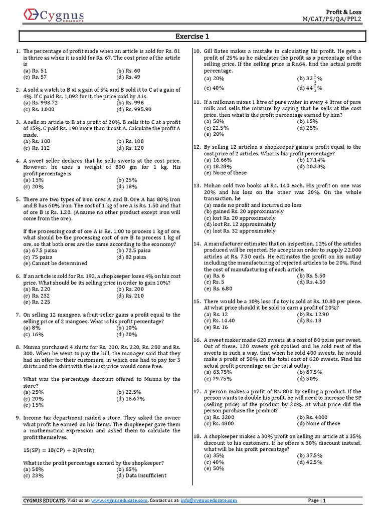 Profit & Loss - Questions | PDF | Profit (Economics) | Cost